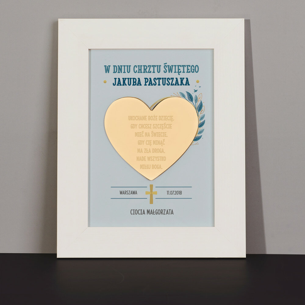 Boże dziecię - Złote szkło akrylowe serce w ramce - MyGiftDna.pl