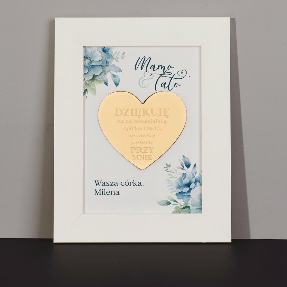 Mamo, tato, dziękuję - Złote szkło akrylowe serce w ramce - MyGiftDna.pl