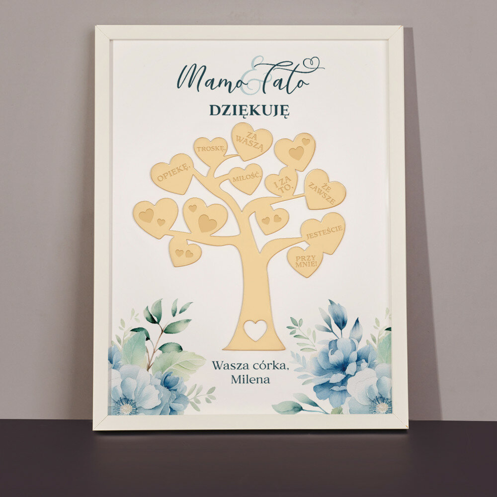 Mamo, tato, dziękuję - Złote szkło akrylowe drzewo w ramce - MyGiftDna.pl