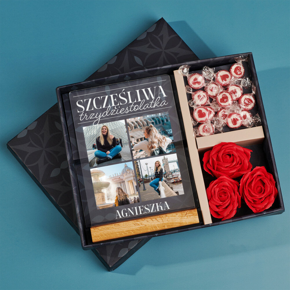 Zestaw prezentowy na 30 urodziny z wydrukiem na szkle i cukierkami - MyGiftDna.pl