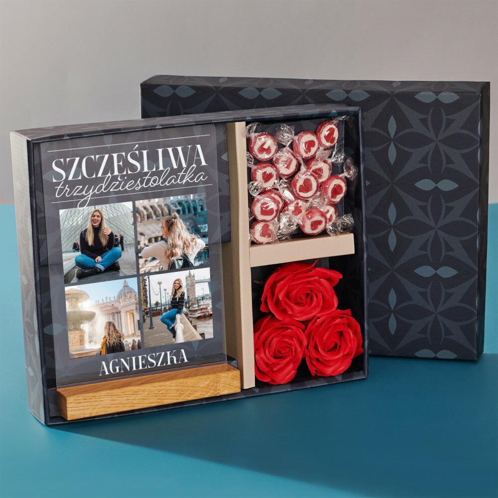 Zestaw prezentowy na 30 urodziny z wydrukiem na szkle i cukierkami - MyGiftDna.pl