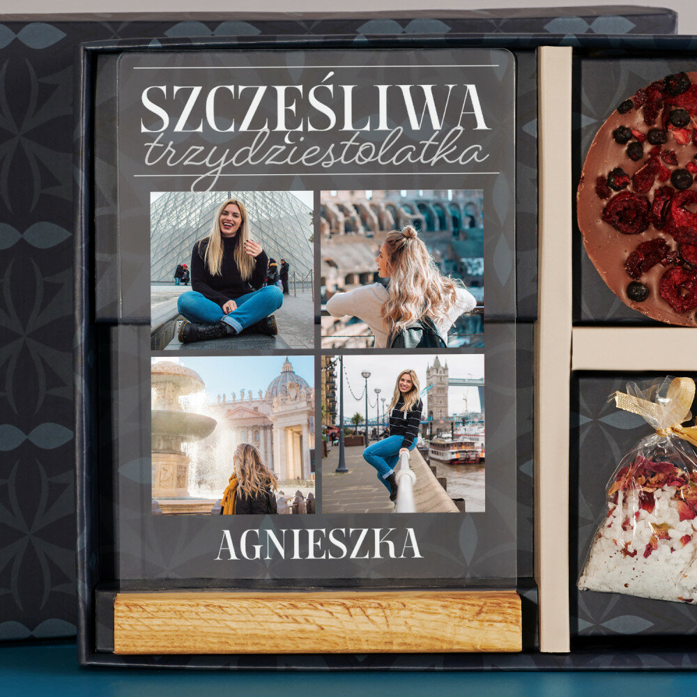 Zestaw prezentowy na 30 urodziny z wydrukiem na szkle i solami do kąpieli - MyGiftDna.pl