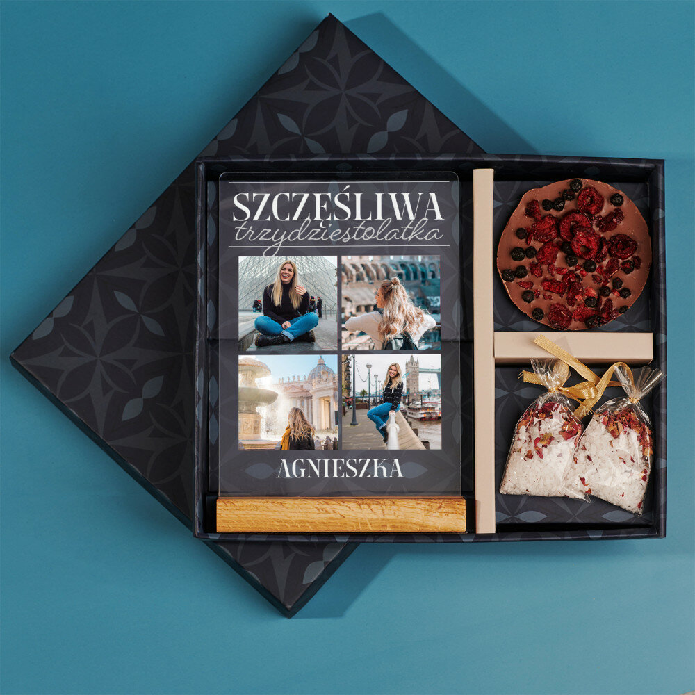 Zestaw prezentowy na 30 urodziny z wydrukiem na szkle i solami do kąpieli - MyGiftDna.pl