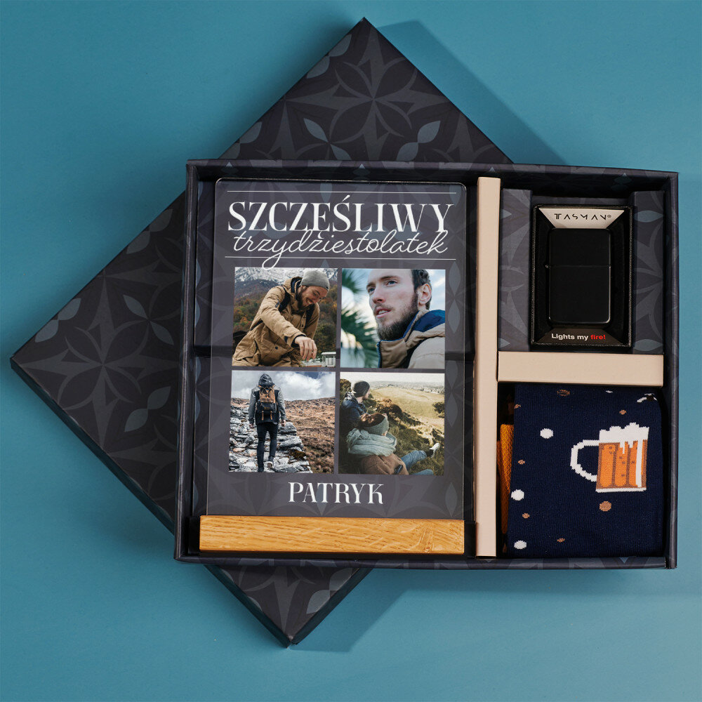 Zestaw prezentowy na 30 urodziny z wydrukiem na szkle i zapalniczką - MyGiftDna.pl