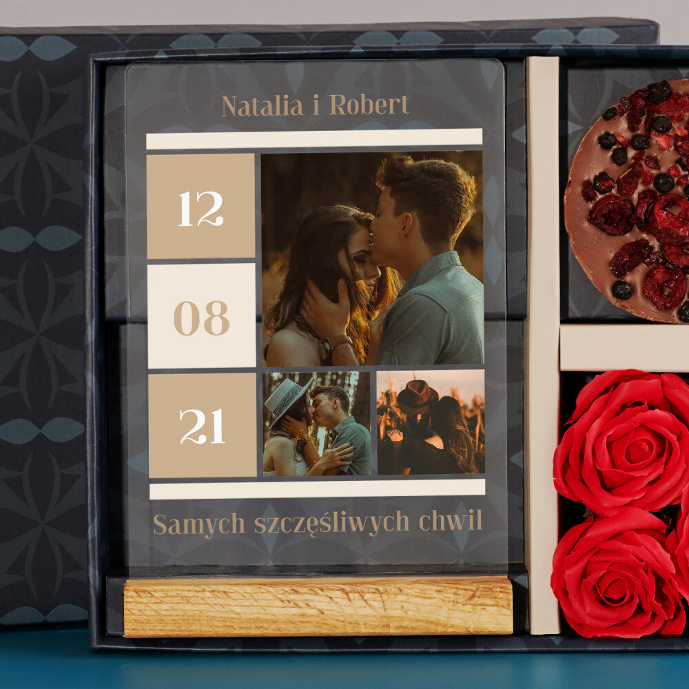 Zestaw prezentowy na ślub z wydrukiem na szkle i czekoladą - MyGiftDna.pl