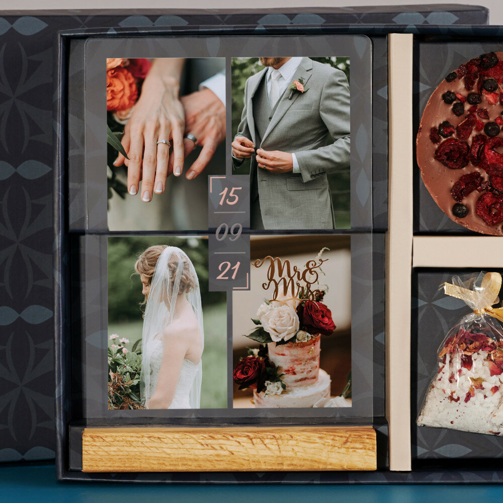 Zestaw prezentowy na ślub z wydrukiem na szkle i solami do kąpieli - MyGiftDna.pl