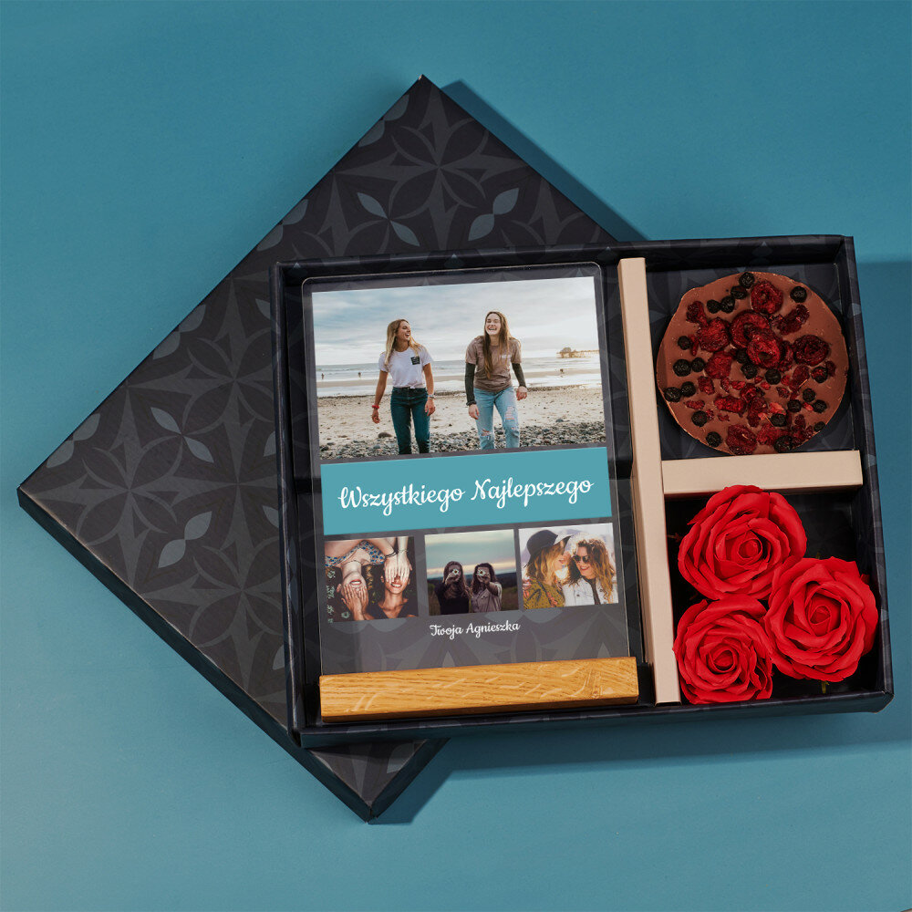 Zestaw prezentowy na urodziny z wydrukiem na szkle i czekoladą - MyGiftDna.pl