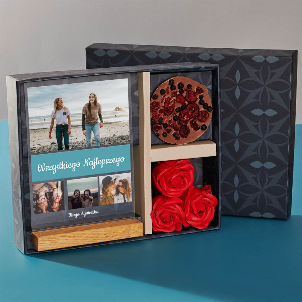 Zestaw prezentowy na urodziny z wydrukiem na szkle i czekoladą - MyGiftDna.pl