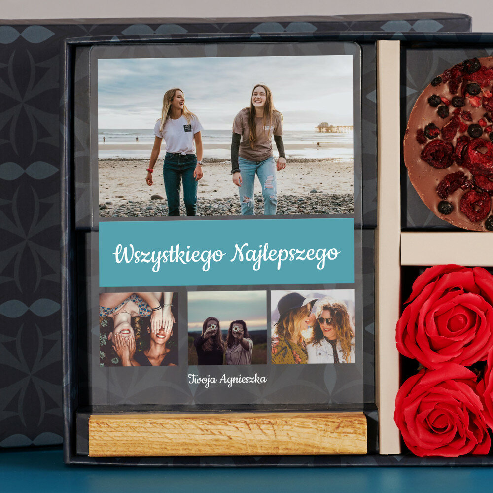 Zestaw prezentowy na urodziny z wydrukiem na szkle i czekoladą - MyGiftDna.pl