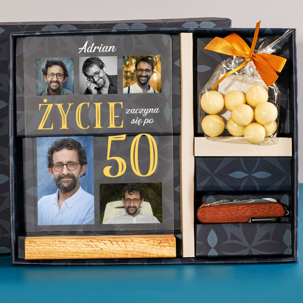 Zestaw prezentowy na 50 urodziny z wydrukiem na szkle i scyzorykiem - MyGiftDna.pl