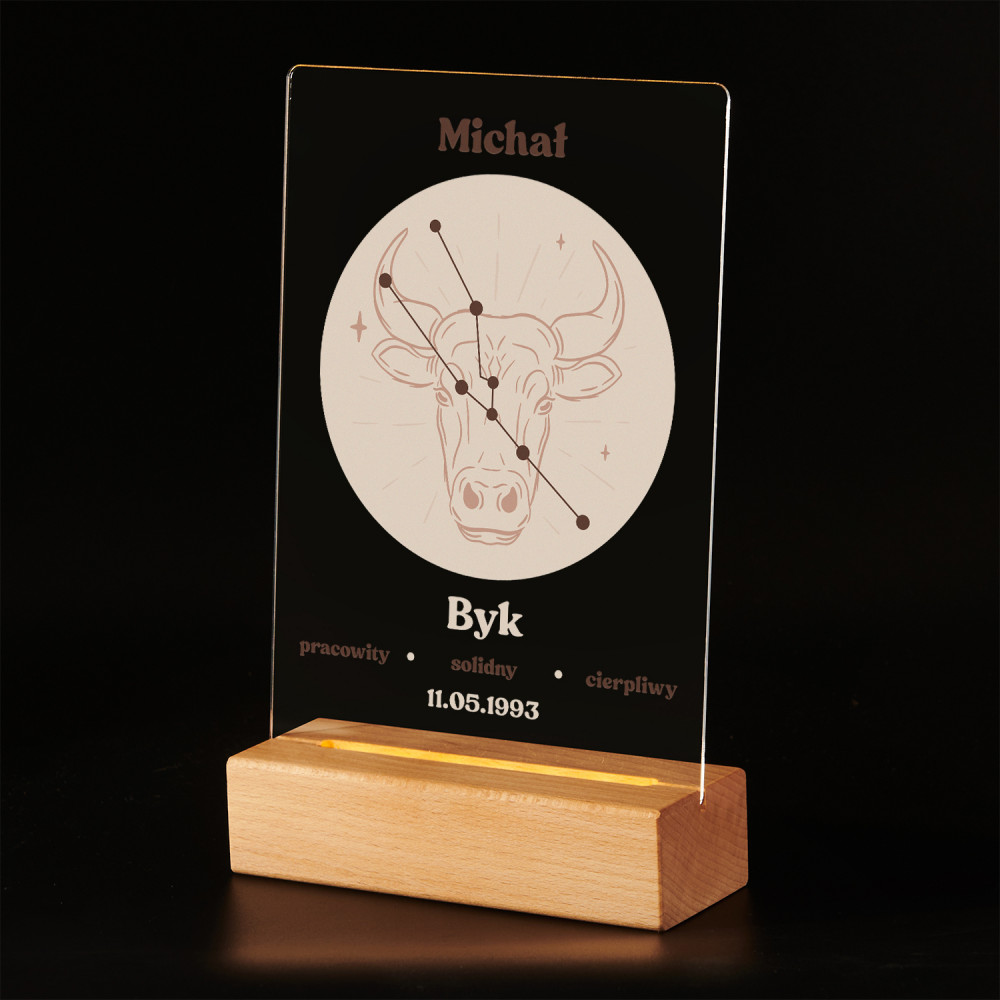 Znak zodiaku byk - Wydruk na szkle akrylowym z podstawką led - MyGiftDna.pl